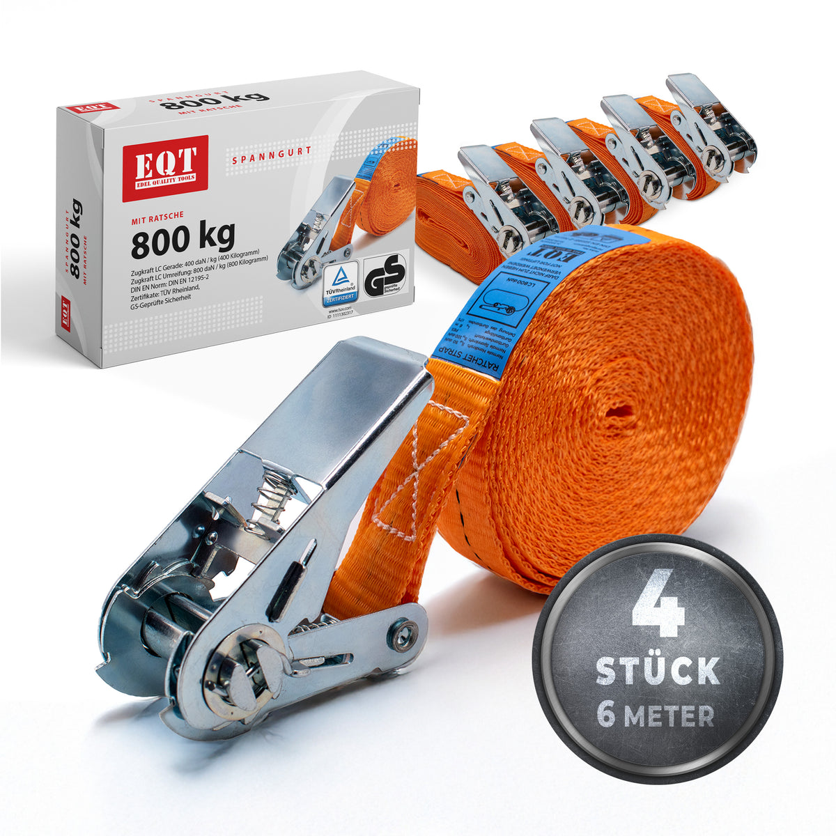 EQT 4 Stück 800kg 6m Spanngurte mit Ratsche einteilig – Edel-Quality ...